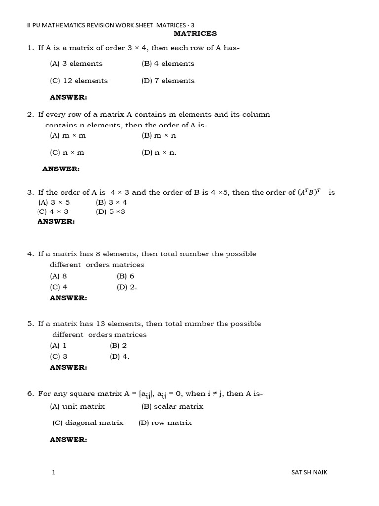 II P U Work Book Matrices-3 | PDF | Matrix (Mathematics) | Matrix Theory
