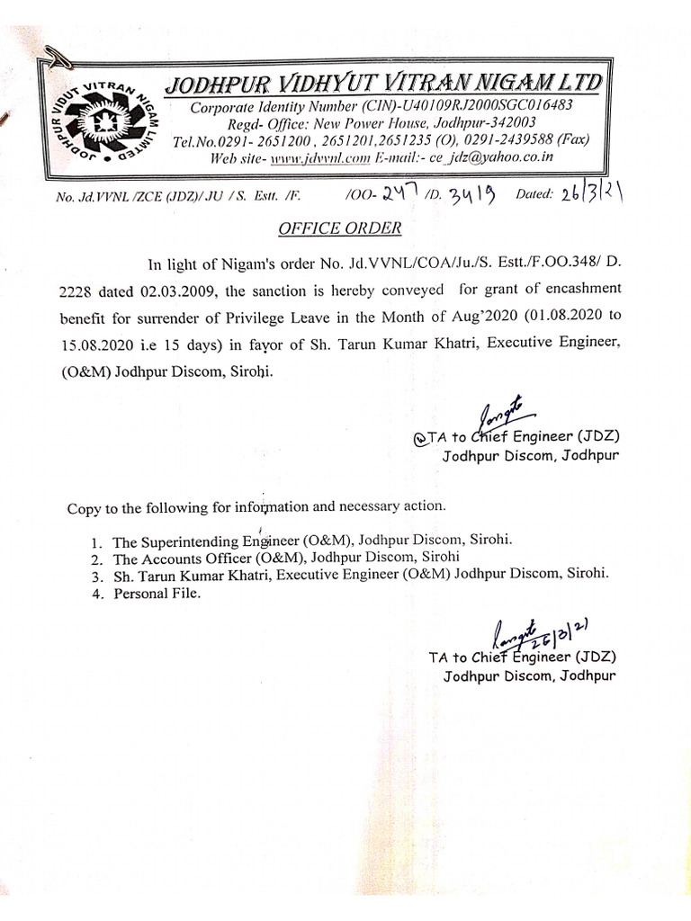 Sample privilege leave order | PDF