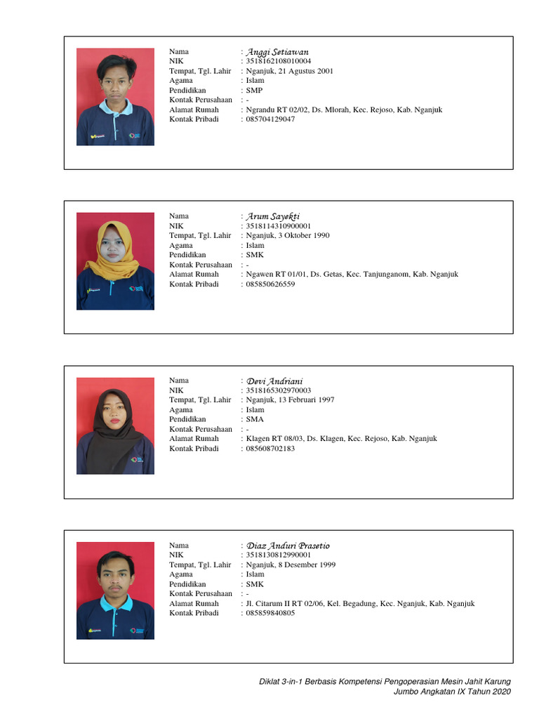 Buku Alumni Diklat 3-In-1 Berbasis Kompetensi Pengoperasian Mesin Jahit Karung Jumbo Angkatan IX ...