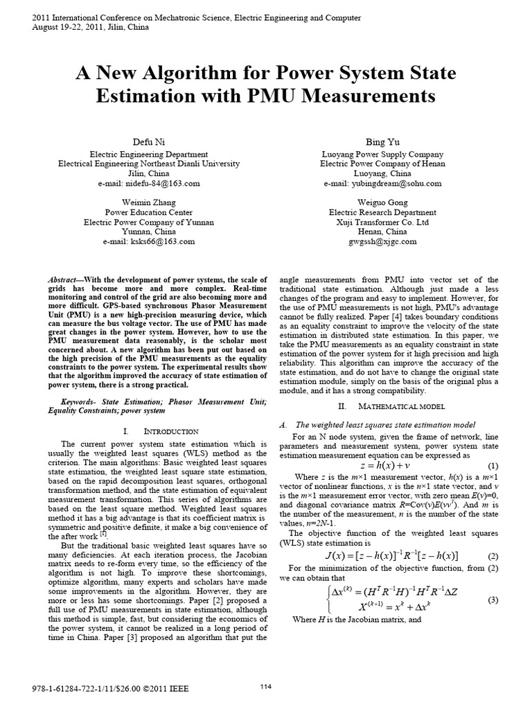 A New Algorithm For Power System State Estimation With Pmu Measurements Pdf Least Squares
