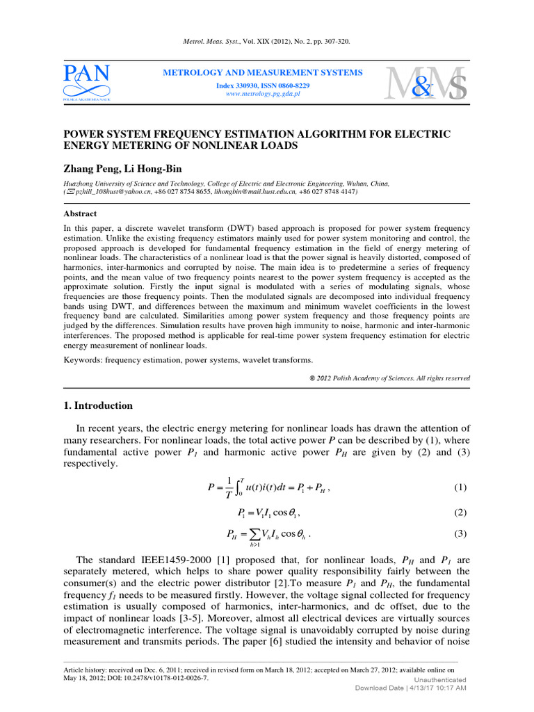 [Metrology and Measurement Systems] Power System Frequency Estimation Algorithm for Electric ...