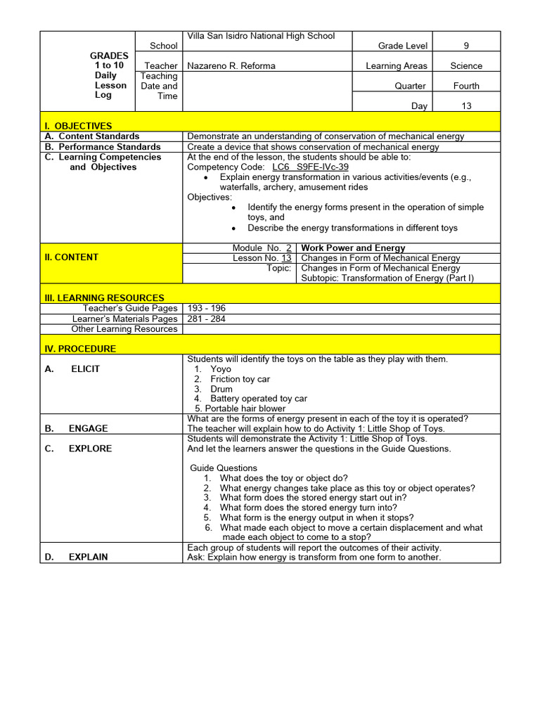 Lesson Plan SCI Quarter 4 Module 2 | PDF | Hydroelectricity | Potential Energy