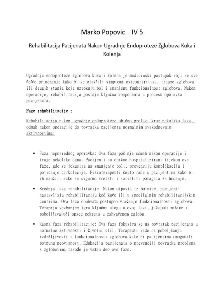Marko Popovic IV 5: Rehabilitacija Pacijenata Nakon Ugradnje Endoproteze Zglobova Kuka I Kolenja ...