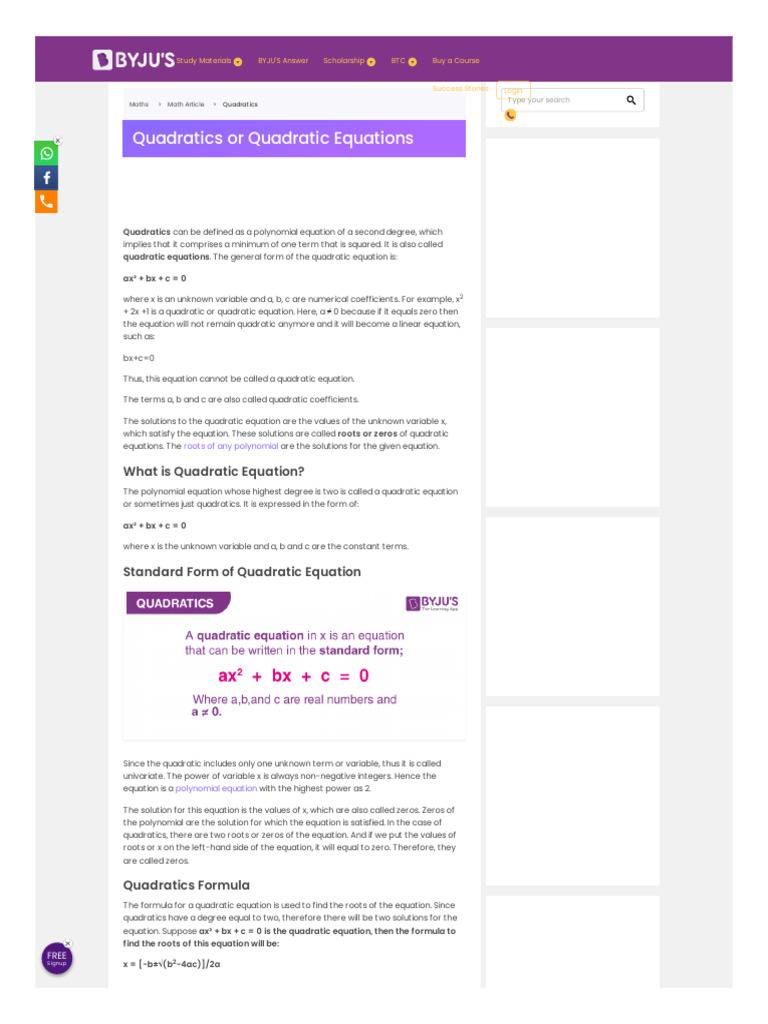 Byjus Com Maths Quadratics | PDF | Quadratic Equation | Equations