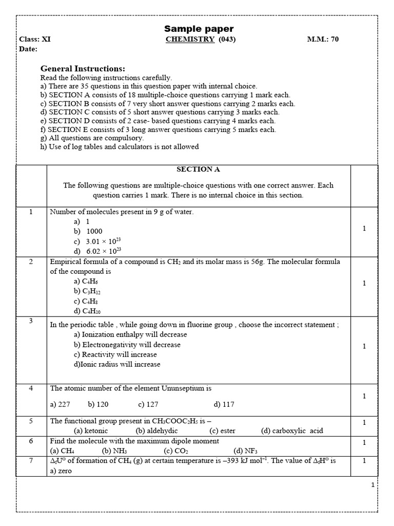 Class Xi-Chem - Sample Paper | PDF | Chemical Reactions | Chlorine