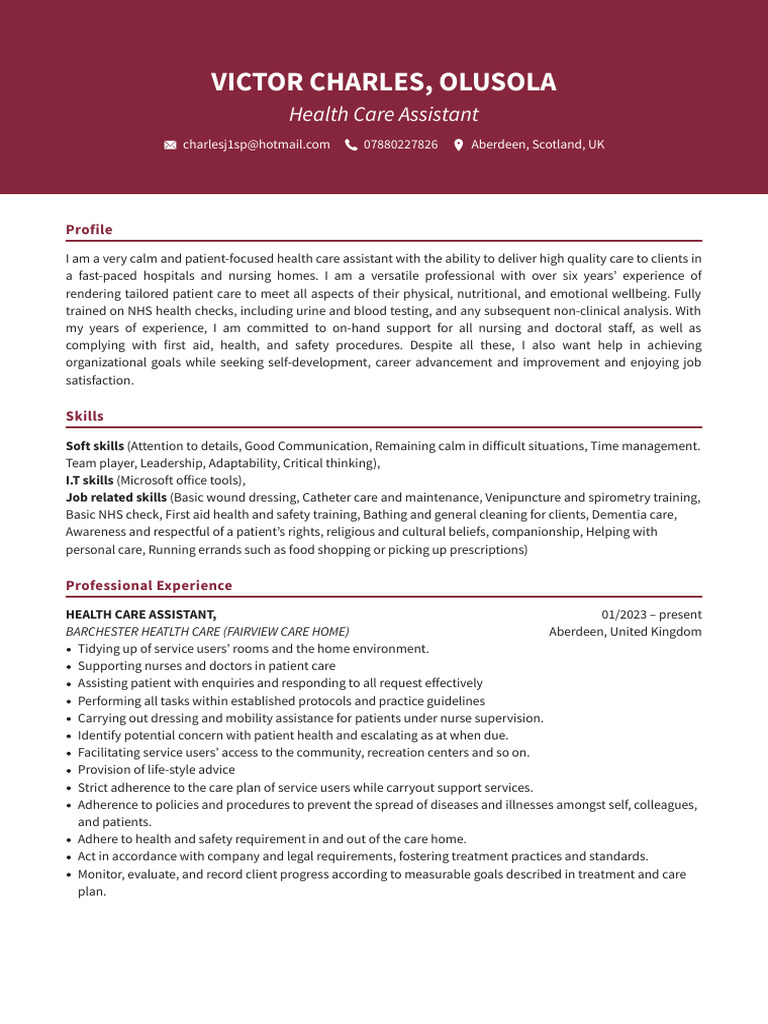 Victor Olusola Care Asisstant CV | PDF | Nursing | Patient
