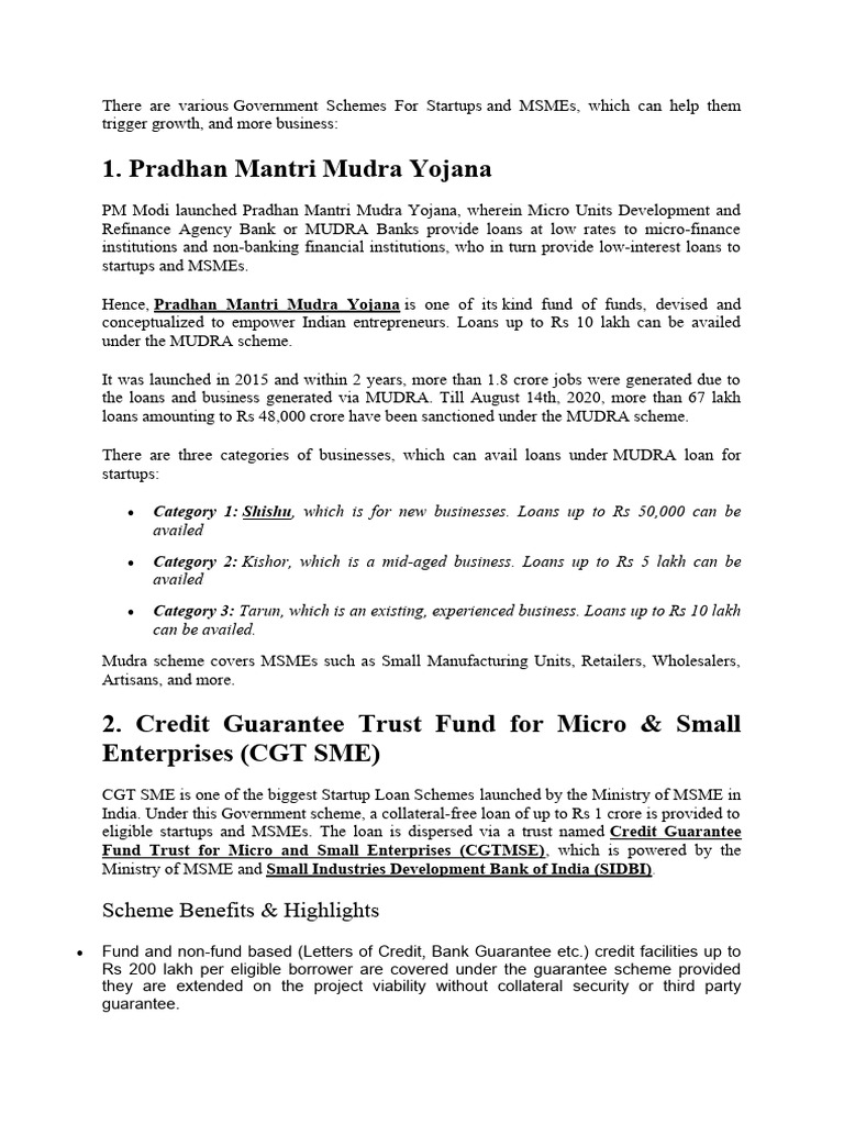 Government Schemes For Startup | PDF | Line Of Credit | Credit