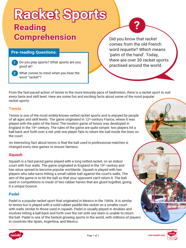 ESL Racket Sport Reading Comprehension | PDF | English As A Second Or Foreign Language | Sports
