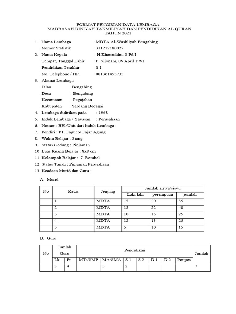 Format Pengisian Data Lembaga | PDF