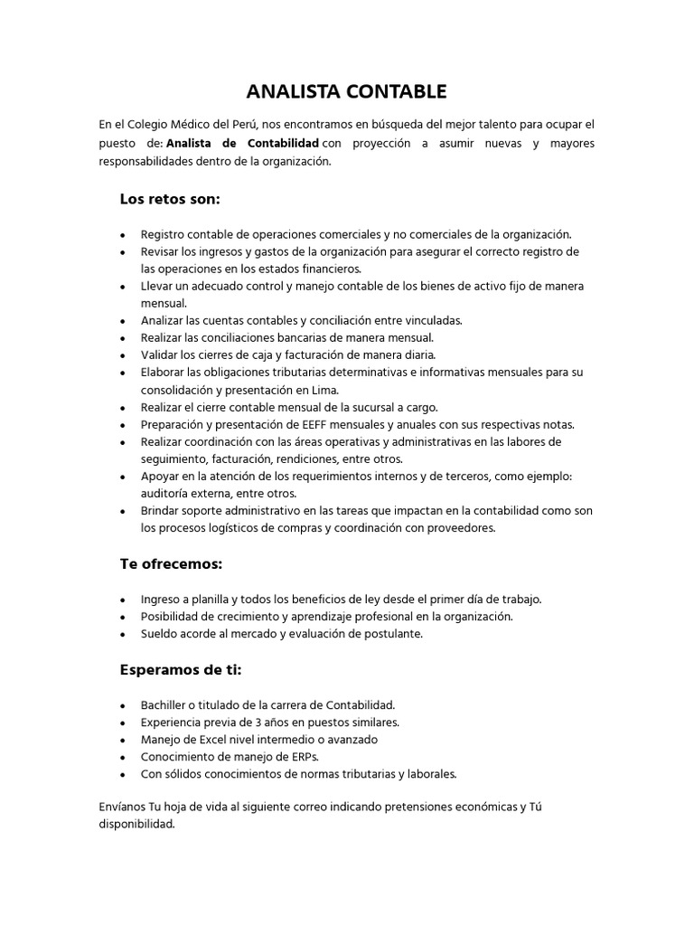 Perfil de Puesto de Analista Contable - CMP - Proyecto Sap | PDF