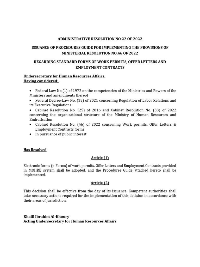 Administrative Resolution No.22 of 2022 Issuance of Procedures Guide ...