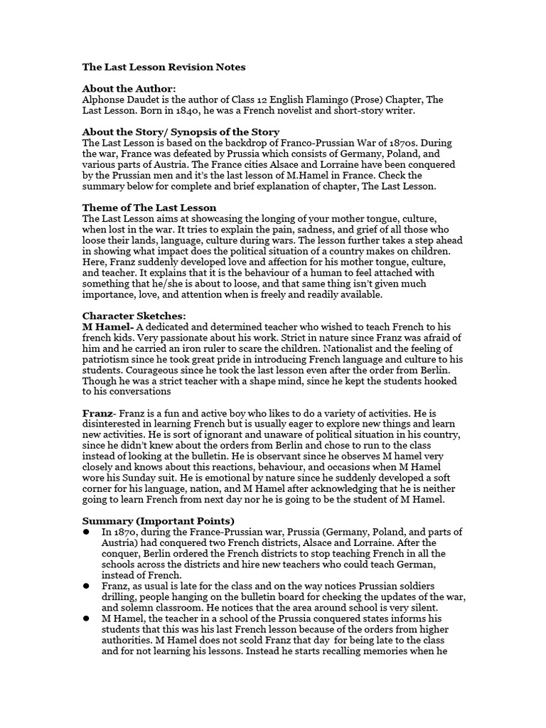 Cbse Class 12 English The Last Lesson Revision Notes | PDF | Franco ...