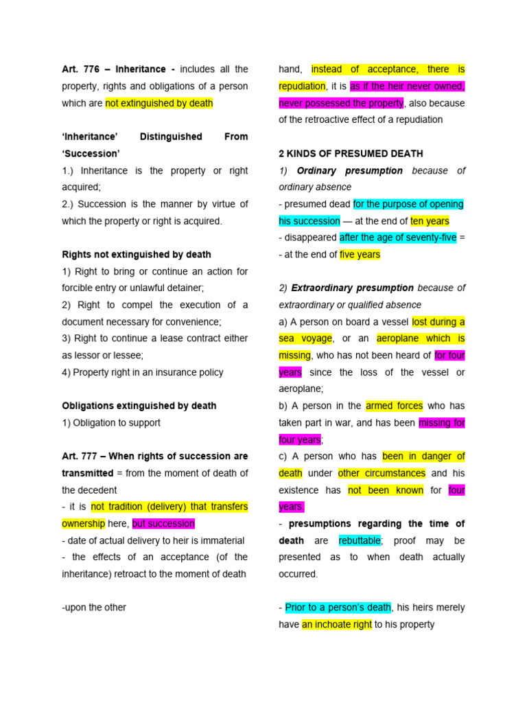 Succession - Notes | PDF | Will And Testament | Inheritance