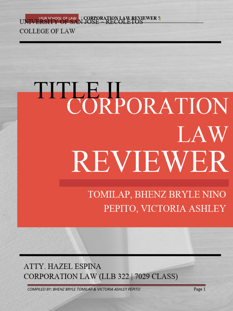 Tomilap, Bhenz Bryle - Corporation Law Reviewer Title II | PDF | Corporations | Stocks