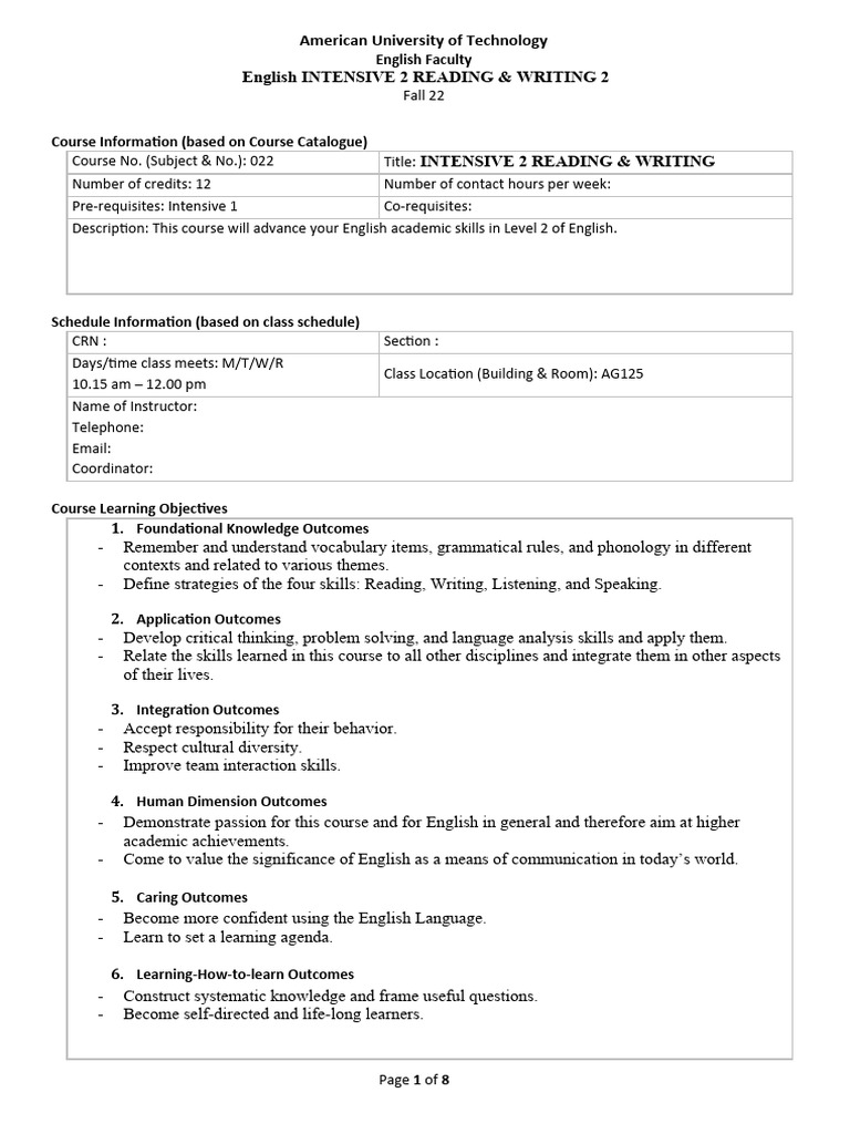 Intensive 2 Syllabus Reading and Writing-Edited (3) 3 | PDF | Learning | Noun