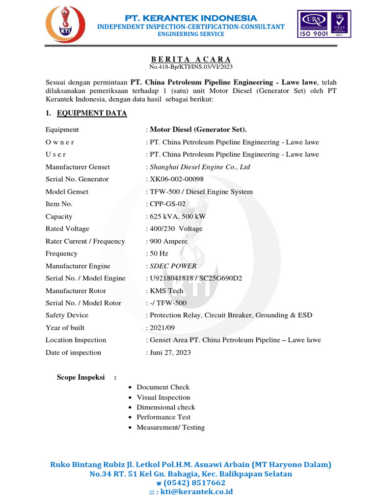 Berita Acara Internal Genset (Cert Disnaker) | PDF