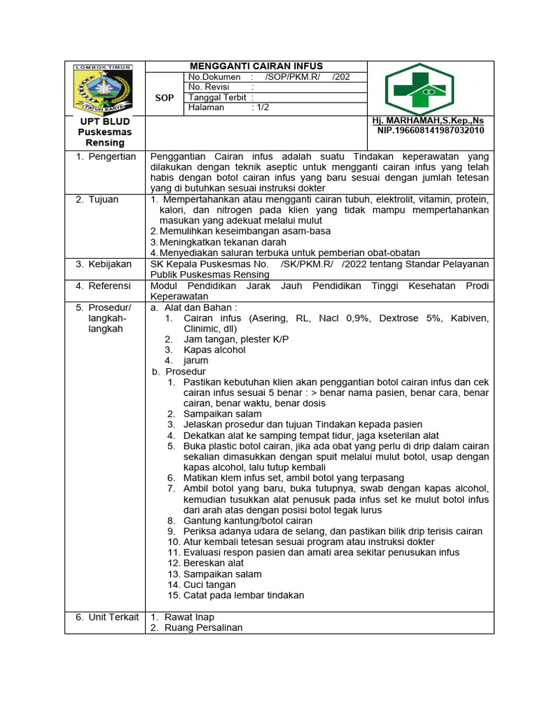 Prosedur Penggantian Cairan Infus | PDF | Sains & Matematika