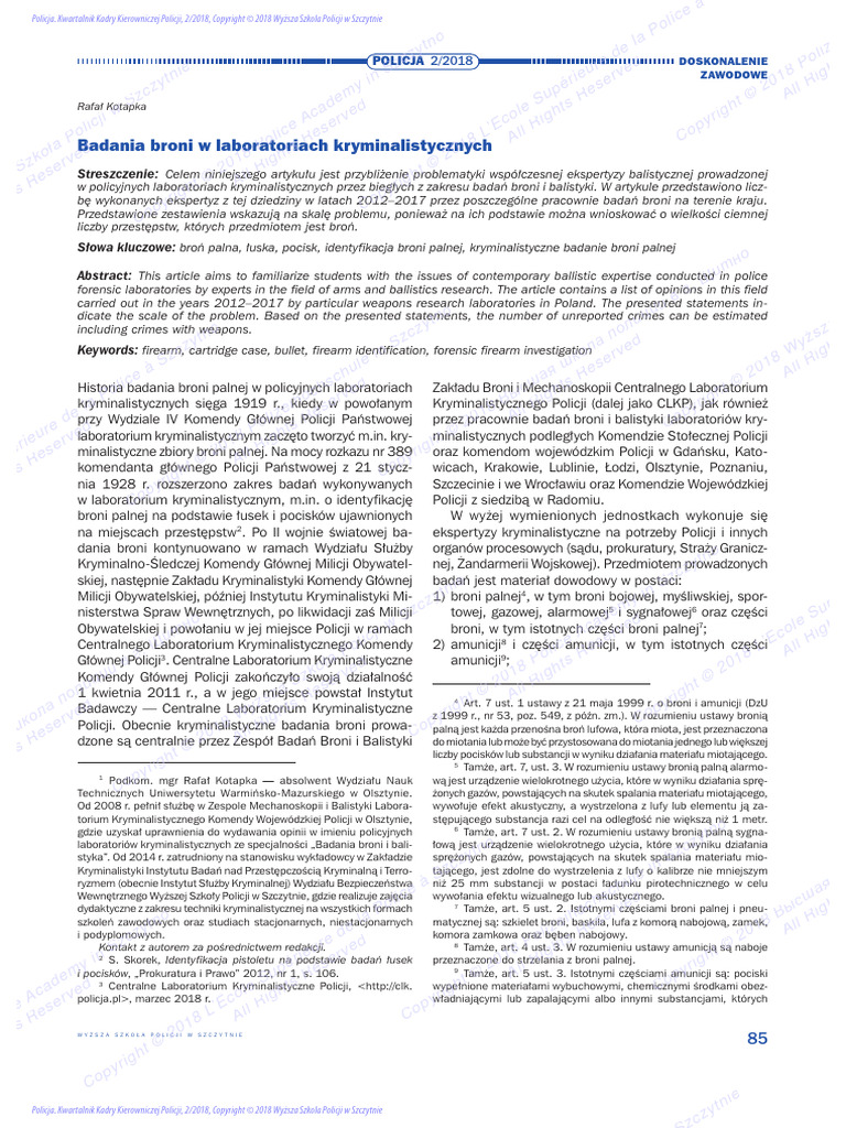 Badania Broni W Laboratoriach Kryminalistycznych: Rafał Kotapka | PDF
