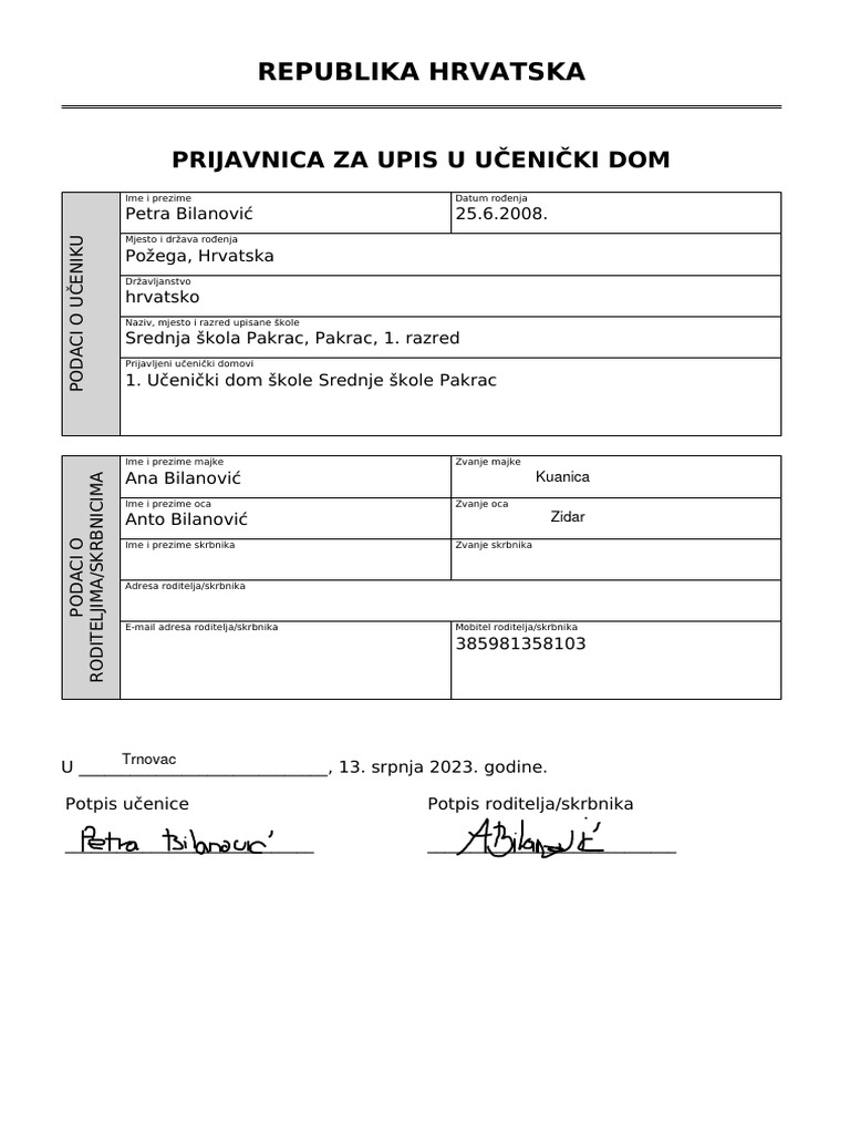 Republika Hrvatska: Prijavnica Za Upis U Učenički Dom | PDF