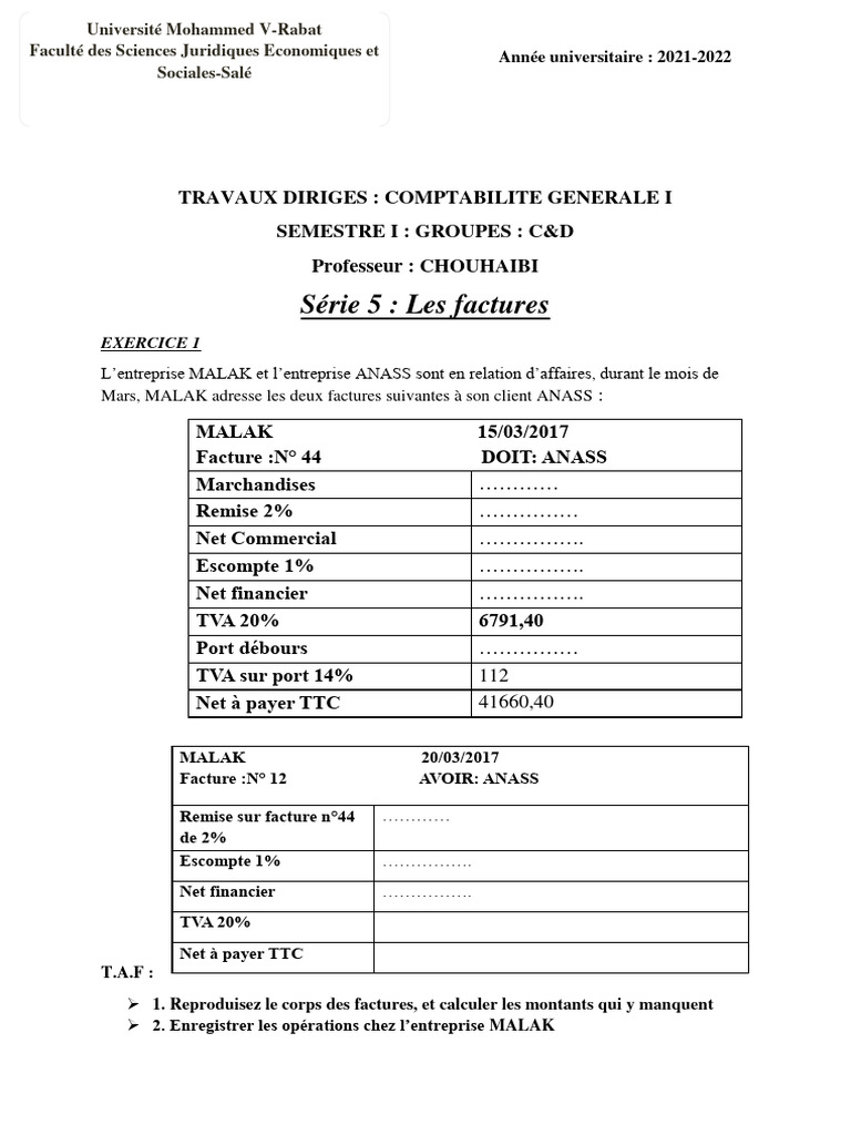TD Comptabilité Générale I : Factures | PDF | Facture | Taxe sur la ...