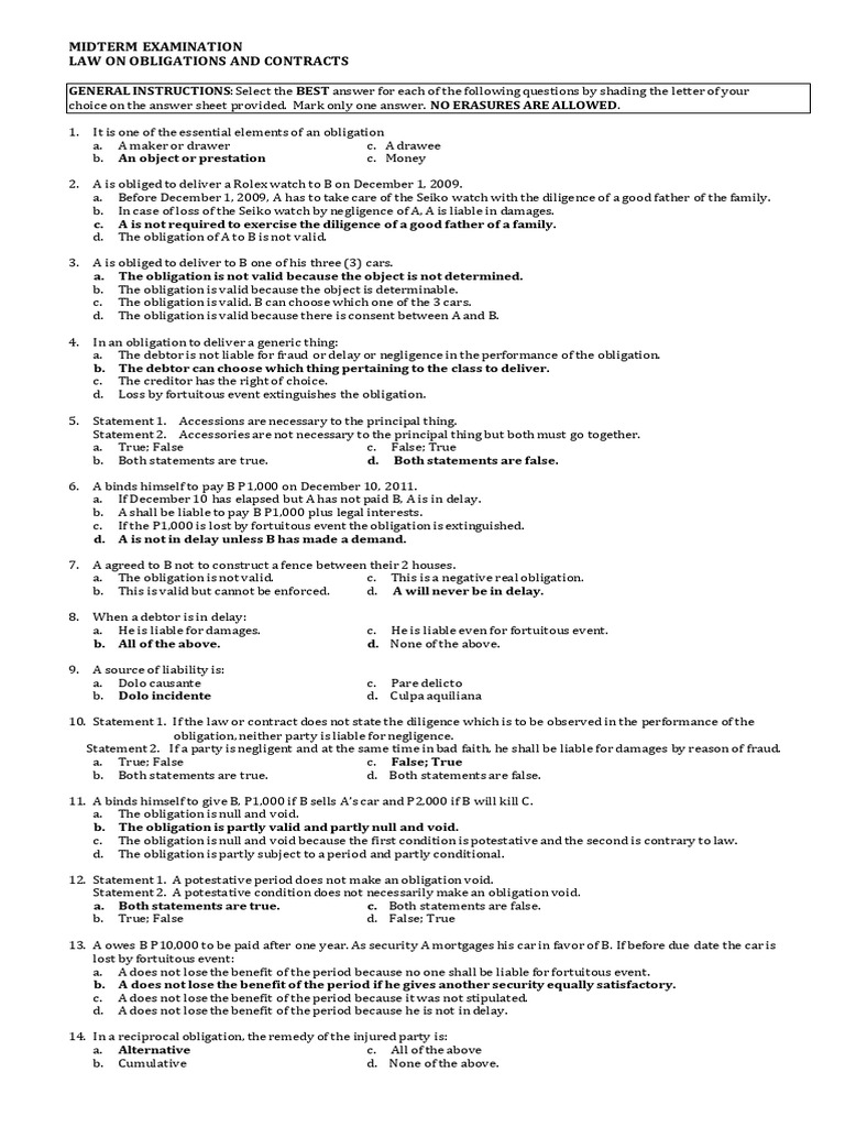 MIDTERM EXAMINATION OBLICON Answer Key | PDF | Legal Liability | Debt