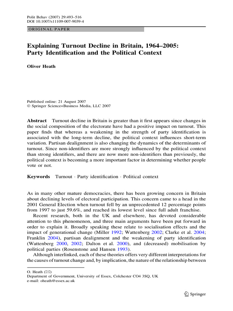 Explaining Turnout Decline in Britain, 1964-2005: Party Identification ...