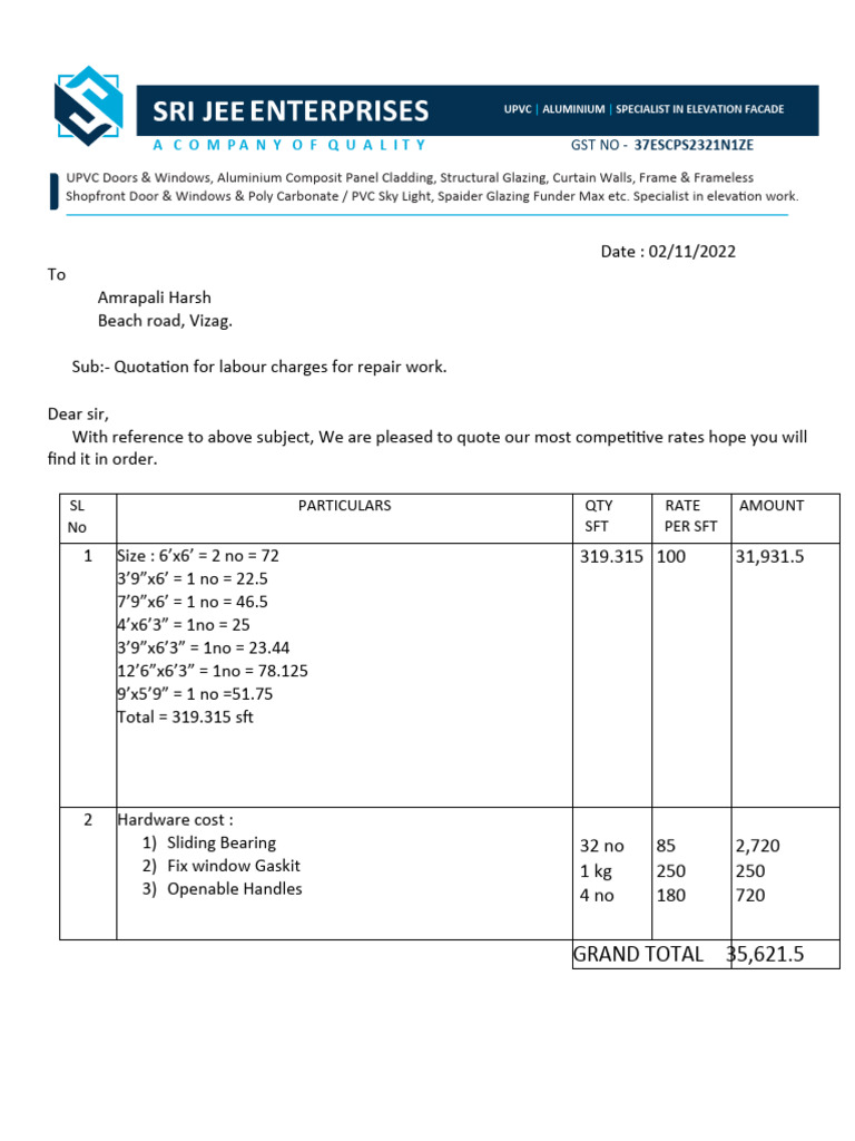 Labour Cost For Repair Work | PDF | Window | Building Materials