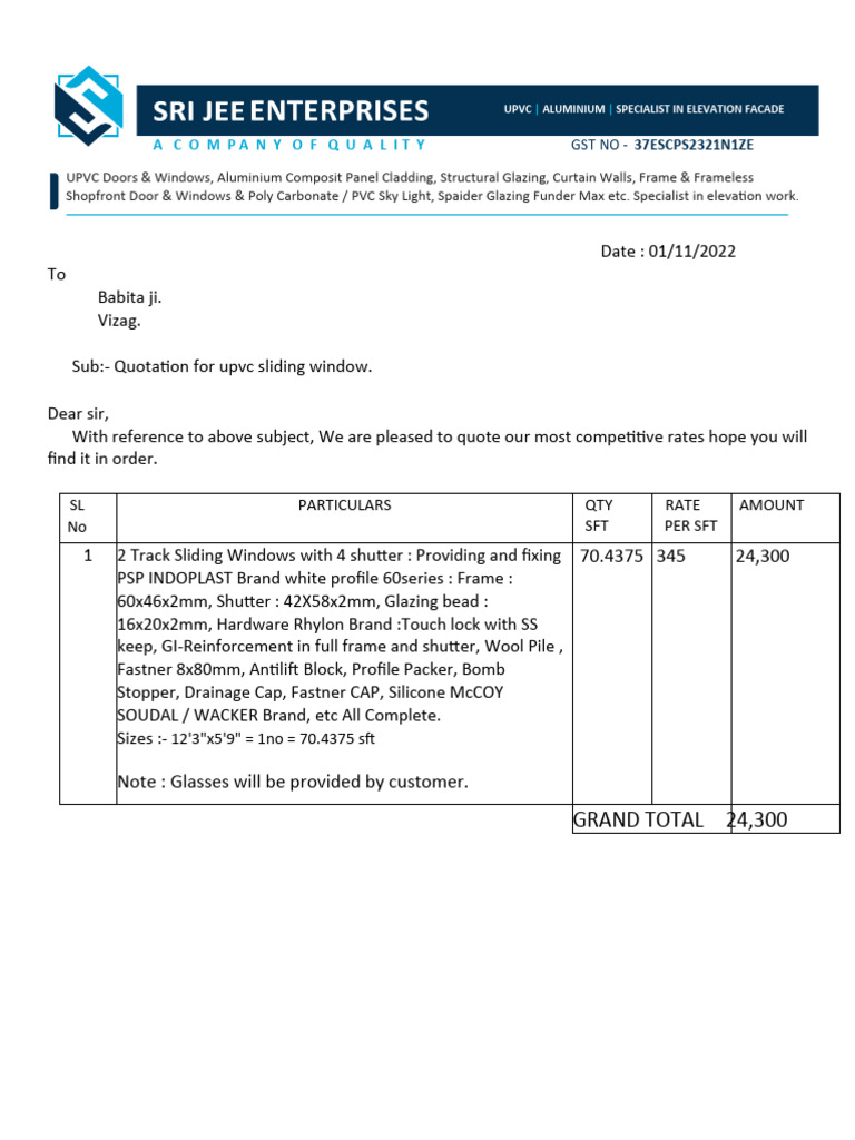 Quotation For Upvc Windows Babita Ji | PDF | Window | Polyvinyl Chloride