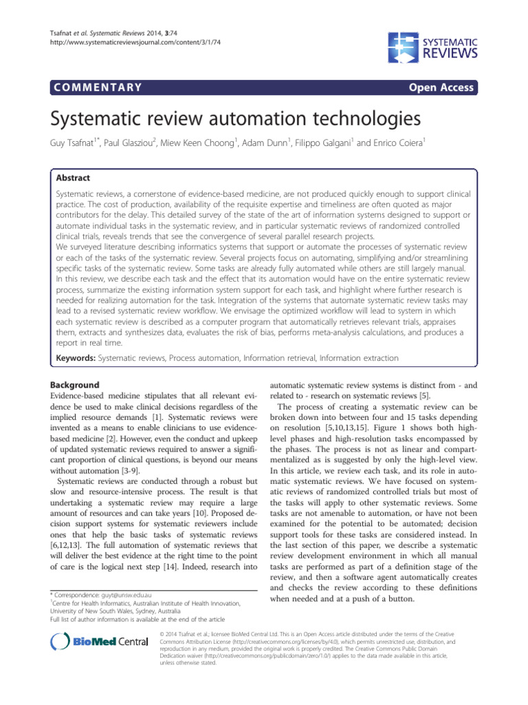 Systematic Review Automation Technologies: Commentary Open Access | PDF | Systematic Review ...
