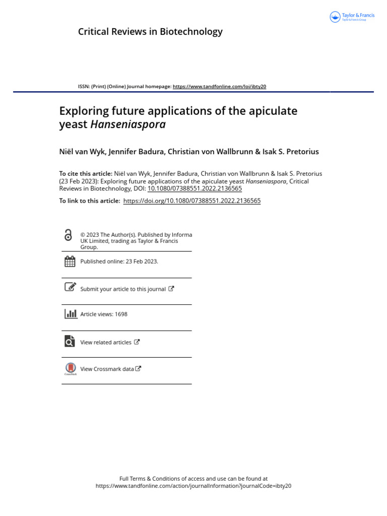 Exploring Future Applications of The Apiculate Yeast Hanseniaspora ...