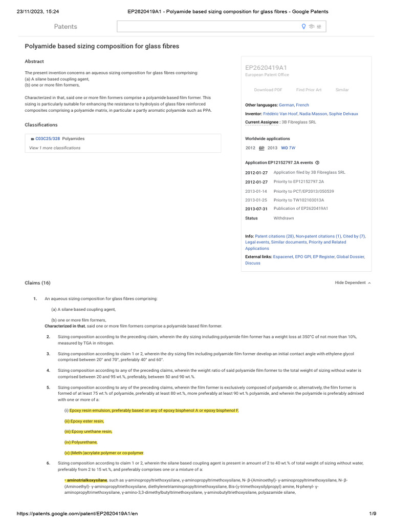 EP2620419A1 - Polyamide Based Sizing Composition For Glass Fibres ...