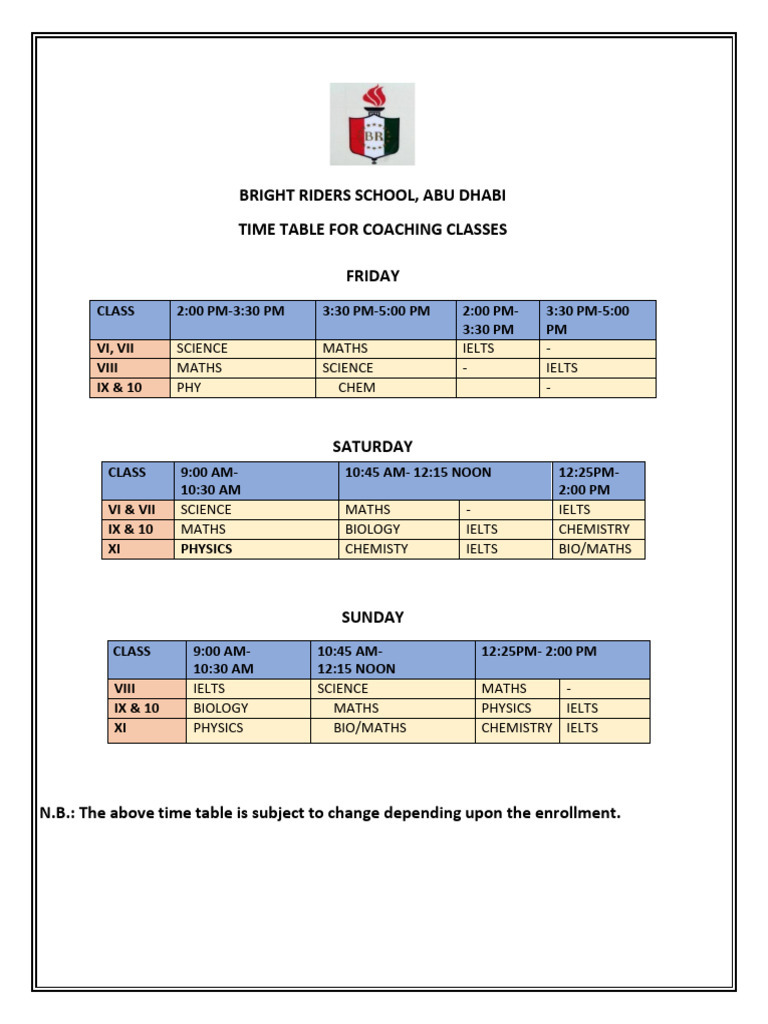 Bright Riders Coaching Class Timetable | PDF