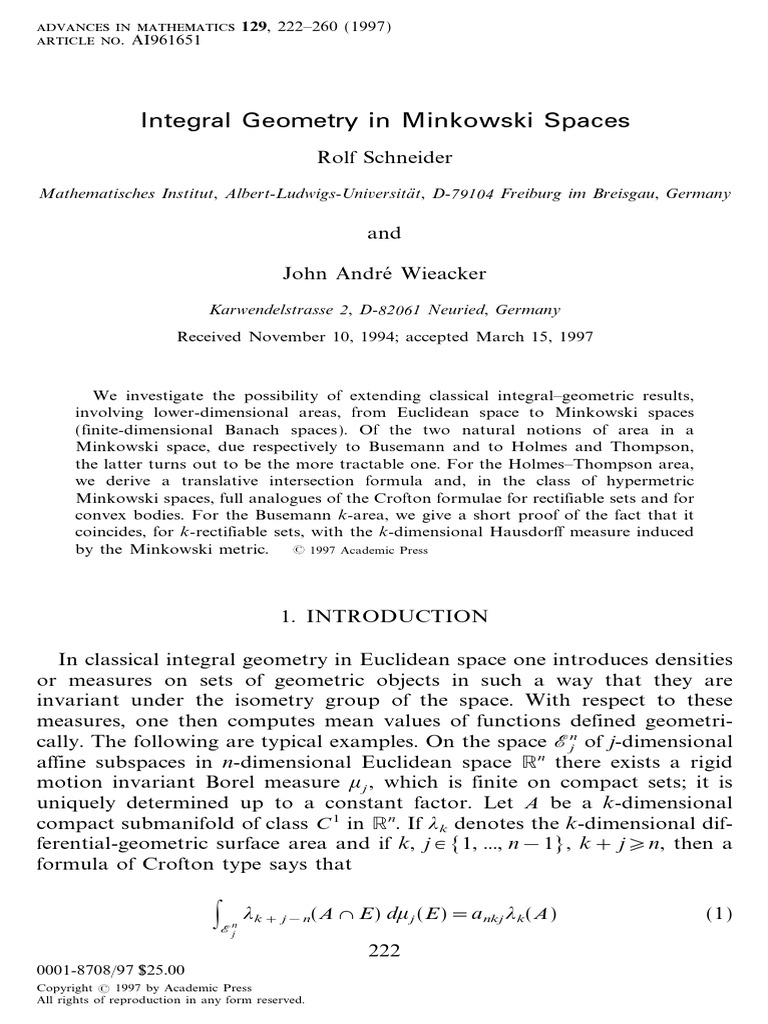 Integral Geometry in Minkowski Spaces: 1997 Academic Press | Download Free PDF | Euclidean Space ...