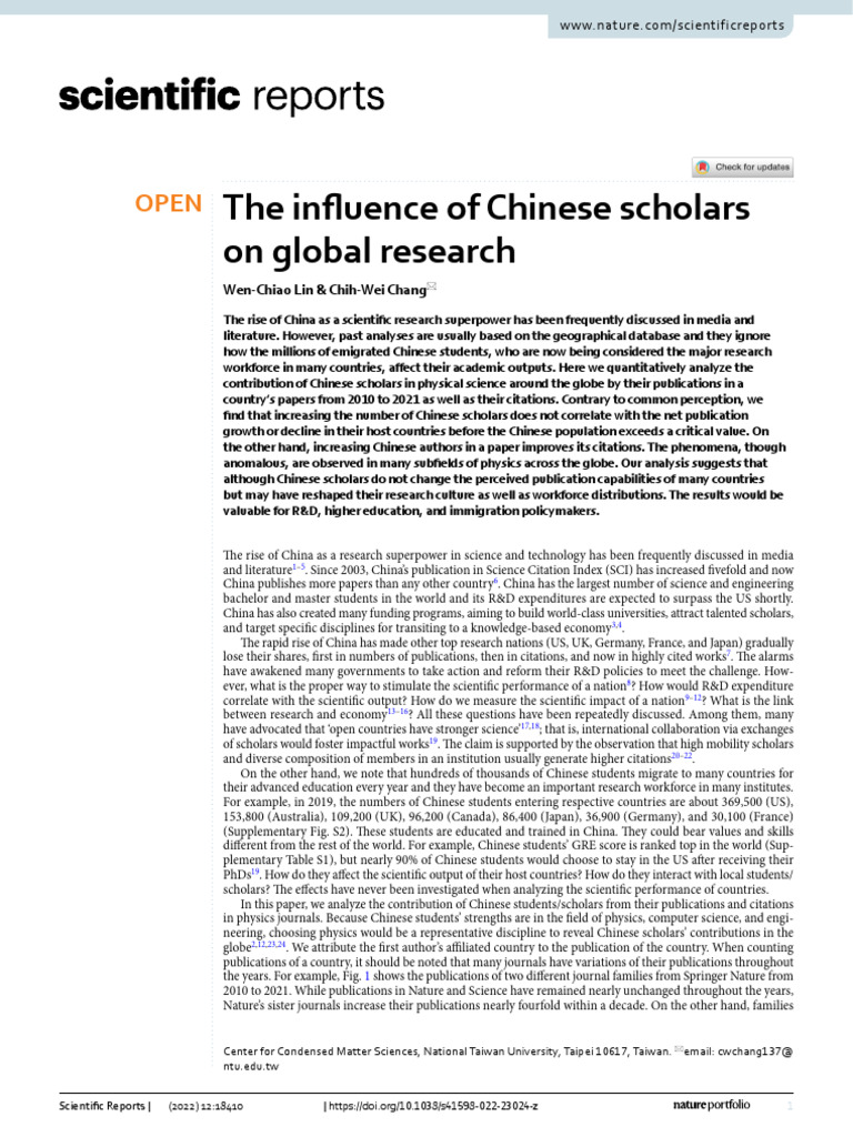 The Influence of Chinese Scholars On Global Research: Wen Chiao Lin ...