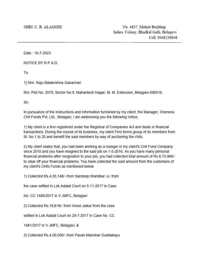 Legal Notice for Cheque Bounce and Debt Recovery | PDF | Cheque | Banks
