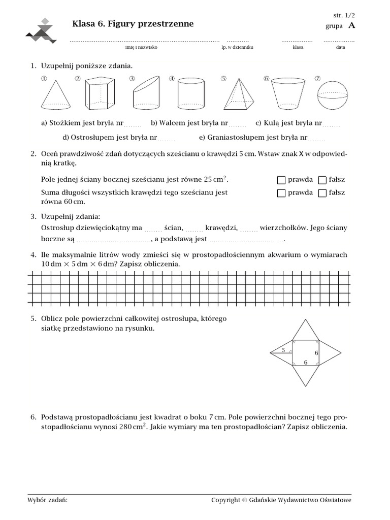Klasa 6. Figury Przestrzenne PRACA KLASOWA | PDF