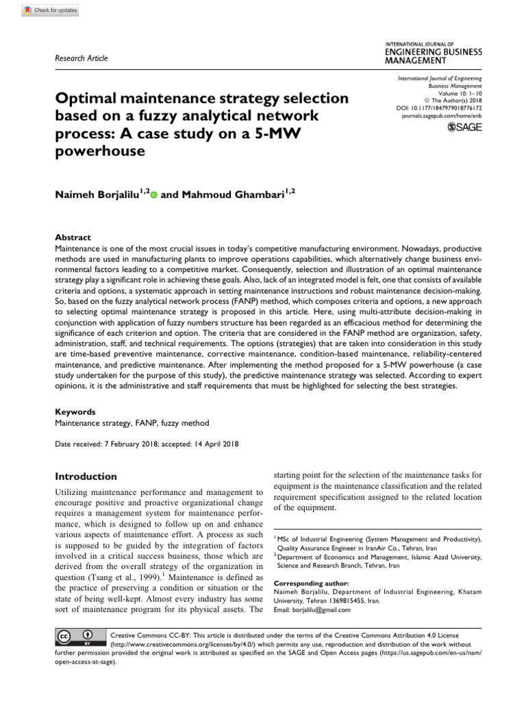 Borjalilu Ghambari 2018 Optimal Maintenance Strategy Selection Based On A Fuzzy Analytical 