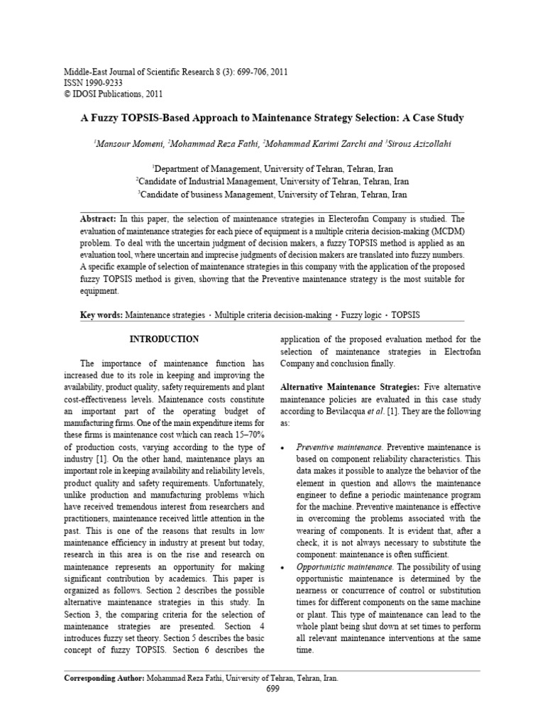 A Fuzzy TOPSIS-Based Approach To Maintenance Strategy Selection: A Case Study | PDF ...