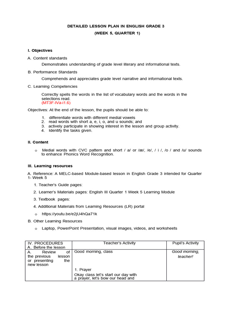 A Detailed Lesson Plan in English 3 1st Quarter | PDF | Consonant ...