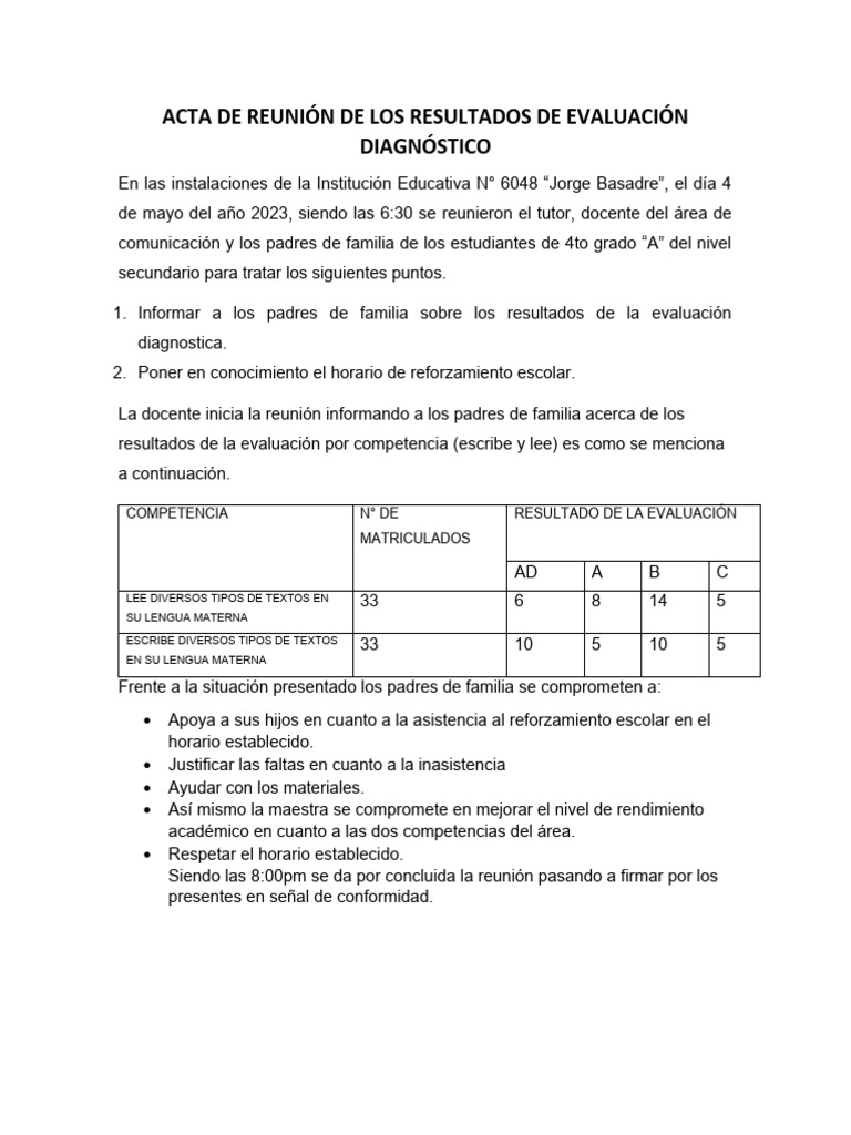Acta de Reunión de Los Resultados de Evaluación Diagnóstico | PDF | Evaluación