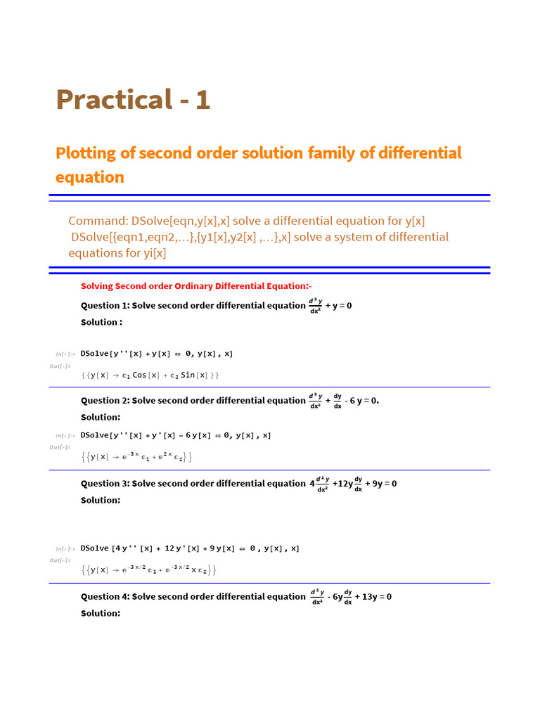 Practical - 1: Plotting of Second Order Solution Family of Differential Equation | PDF ...