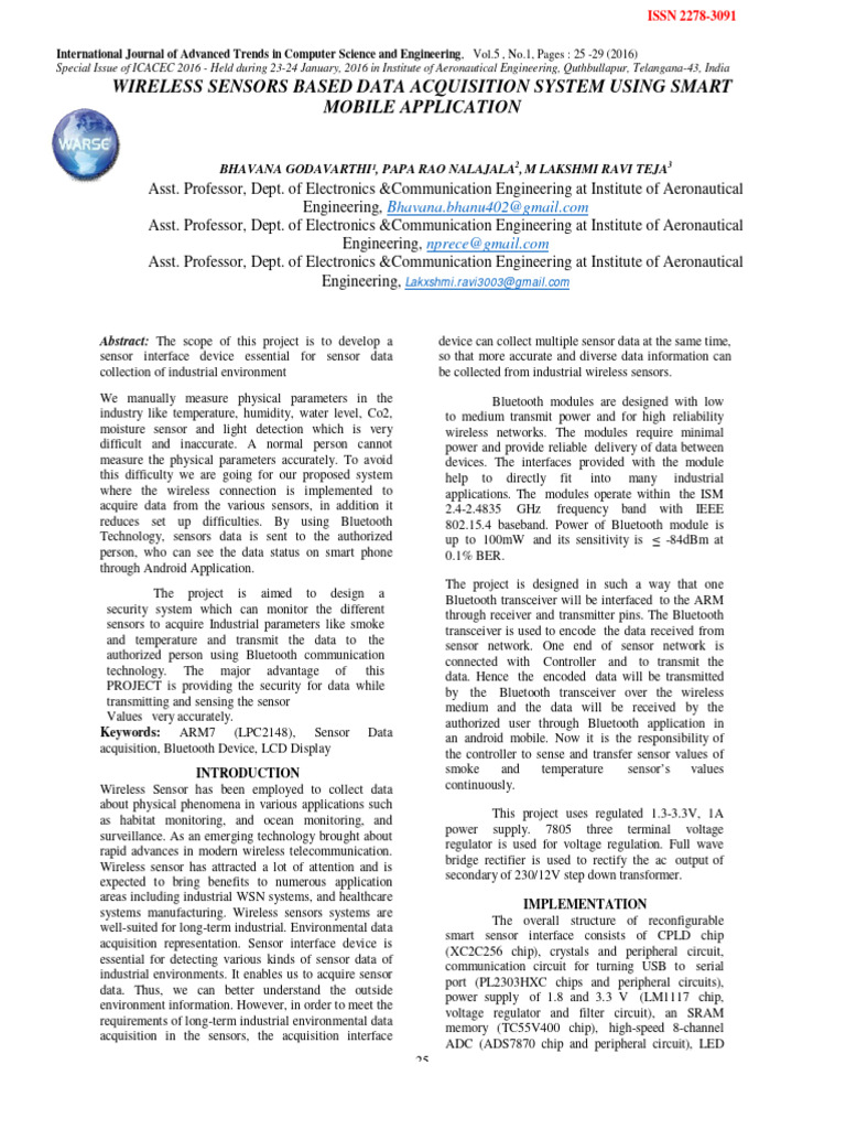 Wireless Sensors Based Data Acquisition | PDF | Bluetooth | Wireless Sensor Network