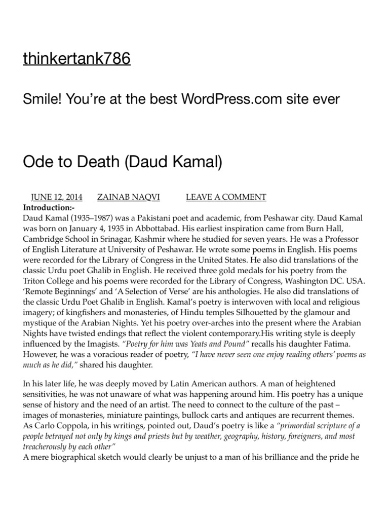 Ode To Death (Daud Kamal) - Thinkertank786 | PDF | Poetry | Death