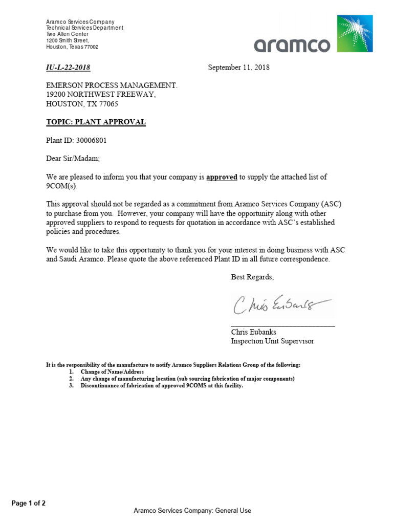 Approval Aramco 9com Approval Letter Houston Bettis en 202308 | PDF