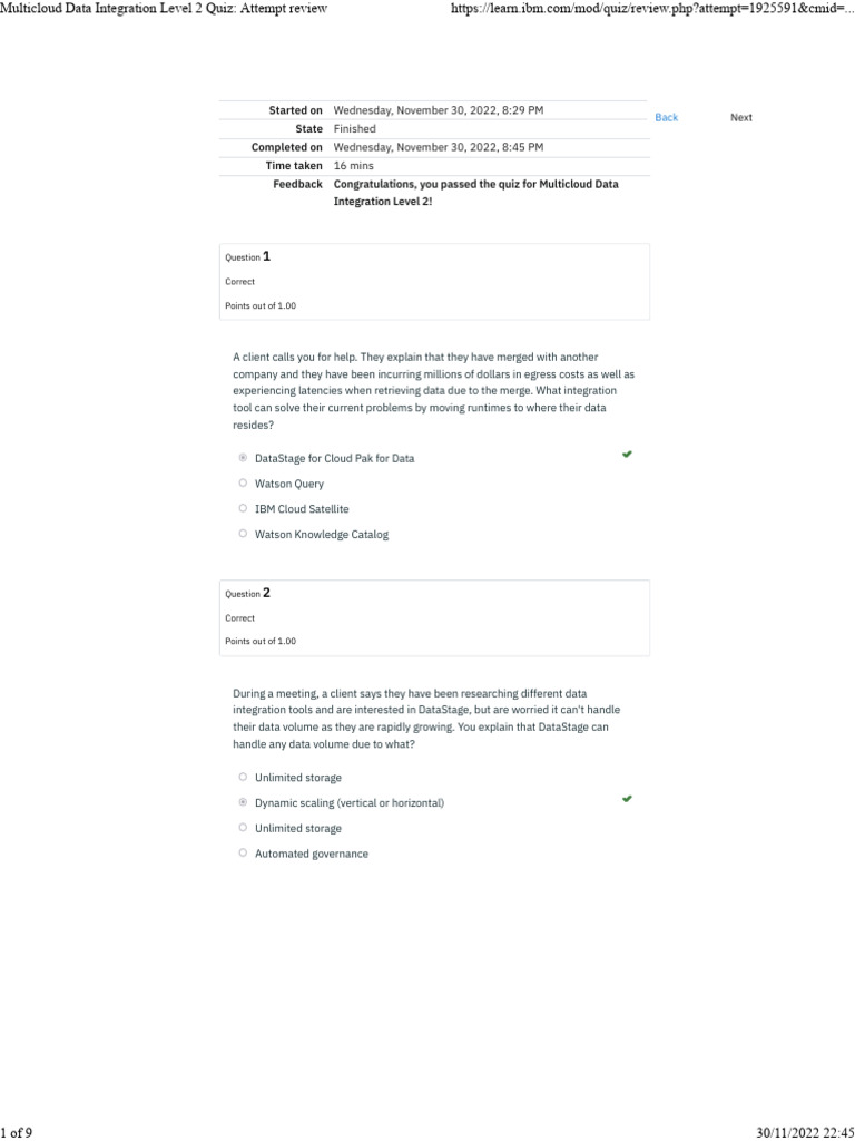 Multicloud Data Integration Level 2 Quiz Attempt Review PDF | Download Free PDF | Data | Databases