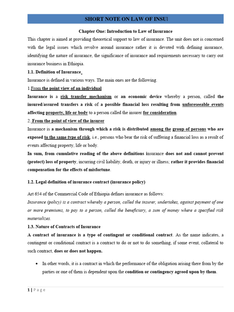 Short Note On Law of Insurance - 052953 | PDF | Insurance | Indemnity