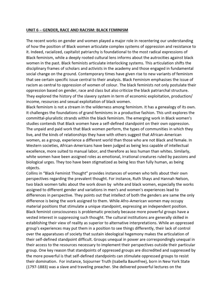 Unit 6 - Black Feminism | PDF | Intersectionality | Feminism