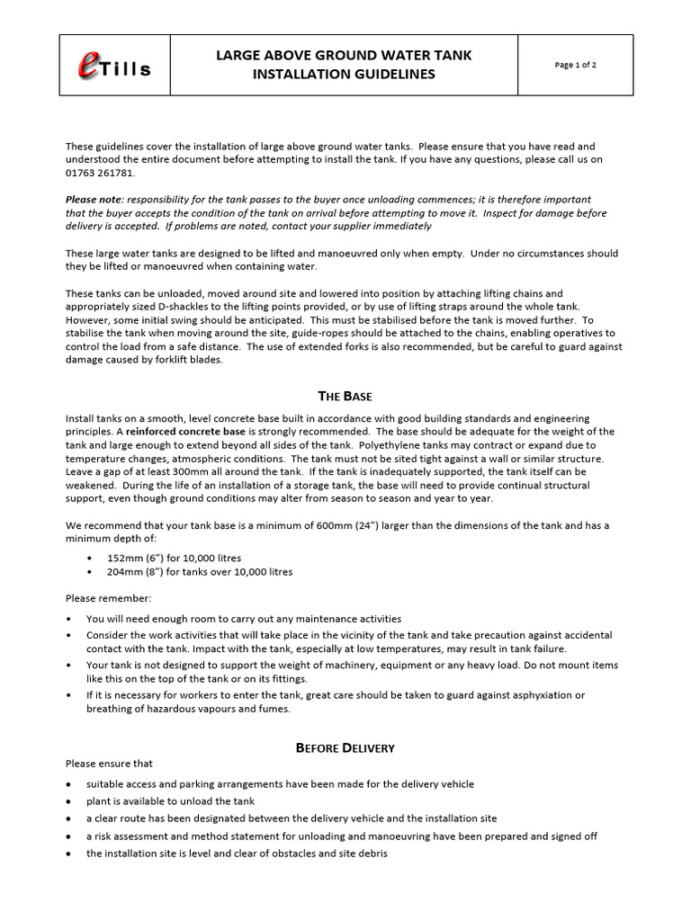 Large Above Ground Water Tank Installation Guidelines | PDF | Tanks | Leak