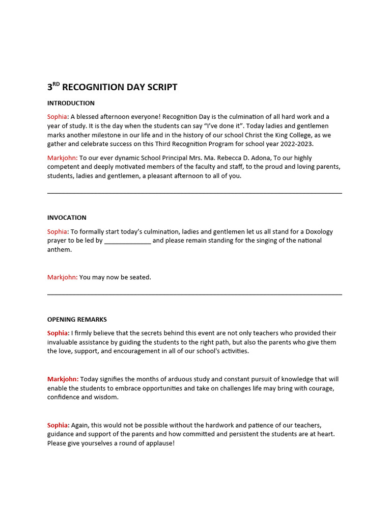 3rd Recognition Day Script | PDF