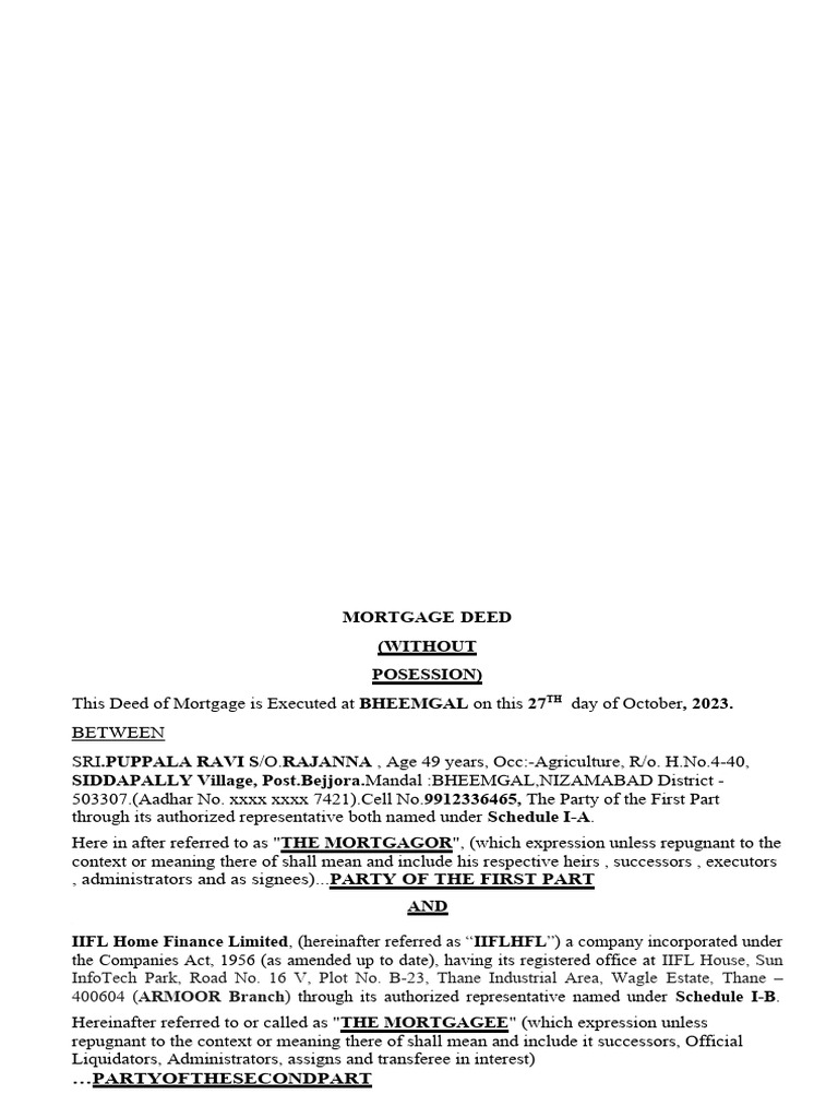 IIFL Mortgage Deed Without Possession | PDF | Mortgage Law | Loans